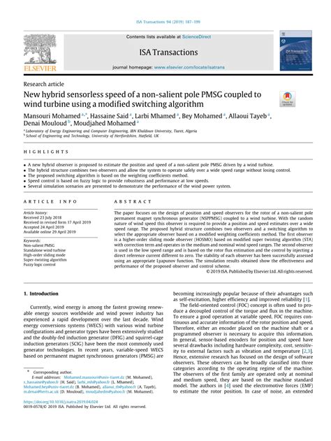 Pdf New Hybrid Sensorless Speed Of A Non Salient Pole Pmsg Coupled To Wind Turbine Using A