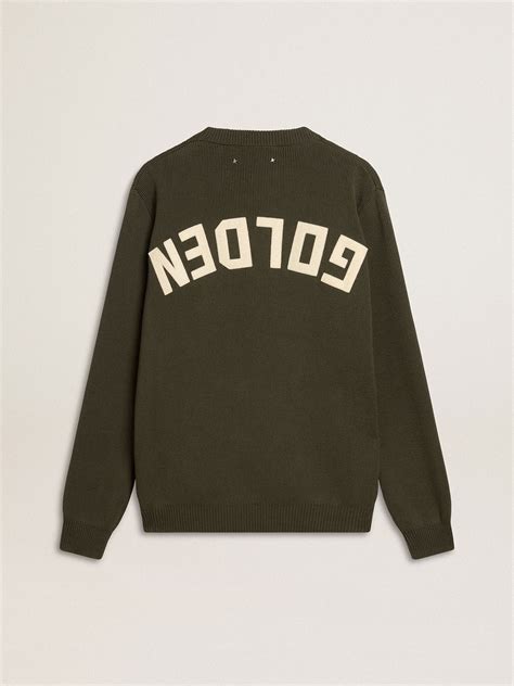 Mens Military Green Crew Neck Sweater With Golden Lettering On The