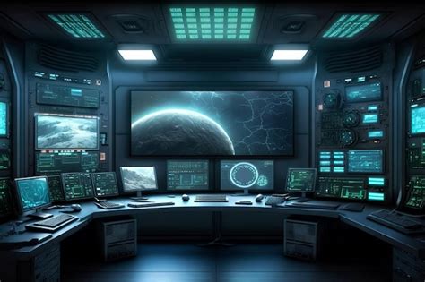 Premium Ai Image Control Room With Screens And Computers Interior Of Command Center Generative Ai
