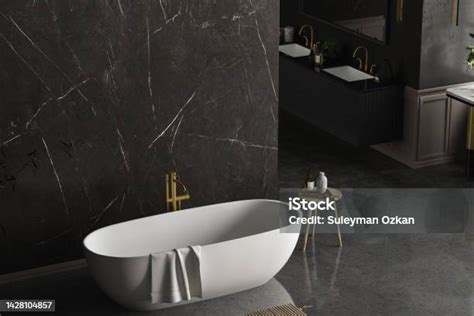 현대 고급 욕실 어두운 대리석 배경 벽 흰색 욕조 더블 싱크대 대리석 조리대 거울 실내 식물 측면보기 모의 3d 렌더링 0명에 대한 스톡 사진 및 기타 이미지 Istock