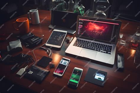 Premium Ai Image Hackers Tools On A Desk Laptops Encrypted Usbs And Dark Web Interfaces