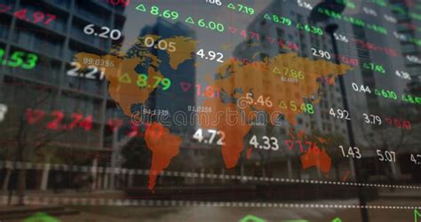 Animation Of Stock Market Data Processing Over World Map Against Tall Buildings Stock Footage