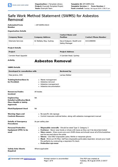 Asbestos Safe Work Method Statement For Asbestos Removal Etc