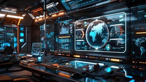 Futuristic Control Room With Multiple Monitors Displaying Data And A World Map Premium Ai