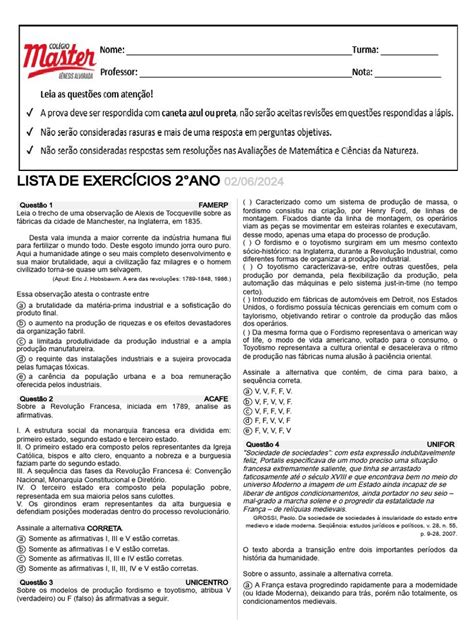 lista de exercicios 2 ano pdf