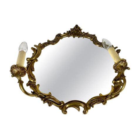 Unusual Vintage Mirror With Two Sconces Brass Framed Wall Mirror For