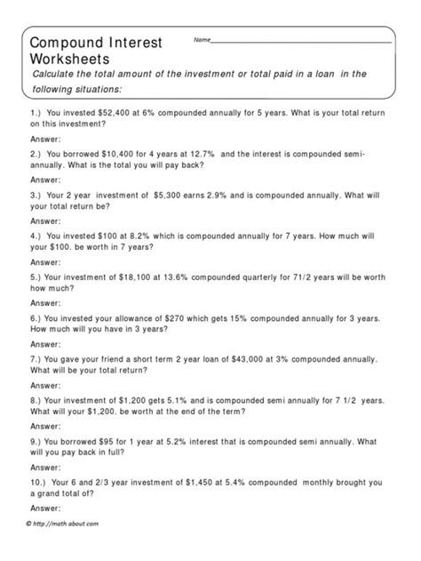 Compound Interest Worksheet Answer Compound Interest Worksheet Answer
