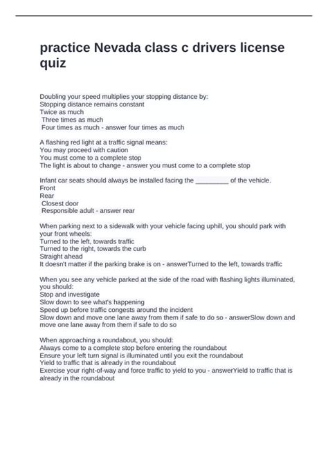 Practice Nevada Class C Drivers License Quiz Questions And Answers