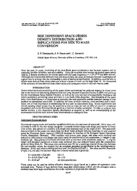 Pdf Size Dependent Space Debris Density Distribution And Implications For Size To Mass Conversion