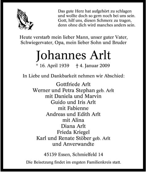 Traueranzeigen Von Johannes Arlt Trauer In Nrwde