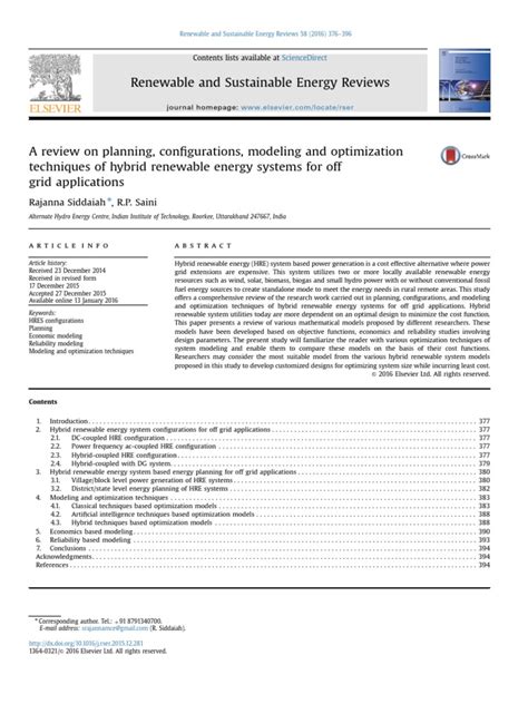 A Review On Planning Configurations Modeling And Optimization Techniques Of Hybrid Renewable
