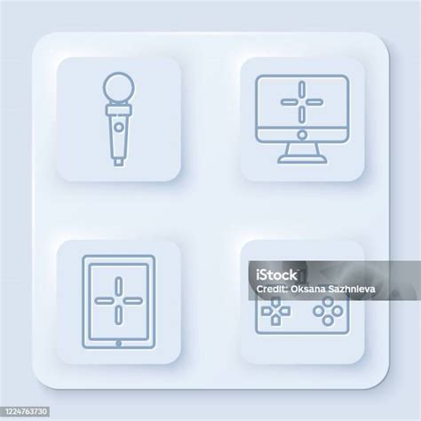 아케이드 기계 컴퓨터 모니터 태블릿 및 게임 패드라인 조이스틱을 설정합니다 흰색 사각형 버튼입니다 벡터 Brand Name Video Game에 대한 스톡 벡터 아트 및