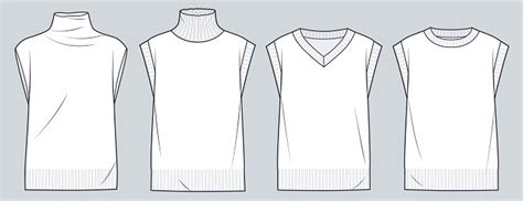 스웨터 조끼 점퍼 기술 패션 그림의 집합입니다 스웨터 조끼 패션 기술 도면 템플릿 오버핏 롤 넥 라운드 넥 V 넥 전면 뷰