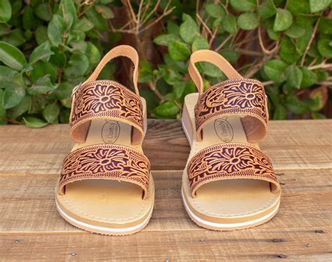 Womens Mexican Sandals Leather Rose Stamped Open Toe Huarache Etsy
