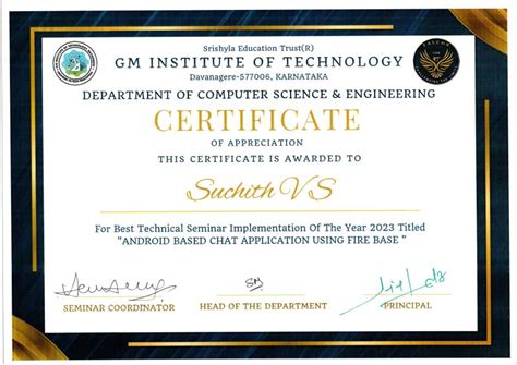 suchith vs on linkedin certificateofappreciation technicalseminar