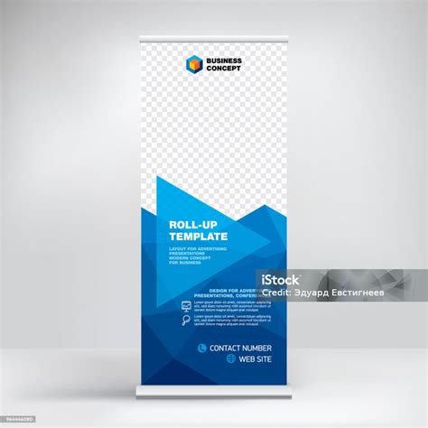 롤 업 광고 배너 서식 파일 서 프레 젠 테이 션 전시 프로 모션 제품 컨퍼런스 세미나 대 한 사진 배치 텍스트 형상 파란색