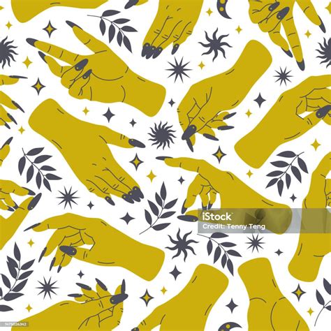 보호 여성 손 원활한 패턴입니다 긴 손톱을 가진 마법의 손 나뭇잎 달과 별이있는 신비로운 손바닥 트렌디 한 스타일 난해한 평면 벡터 배경 그림 0명에 대한 스톡 벡터 아트