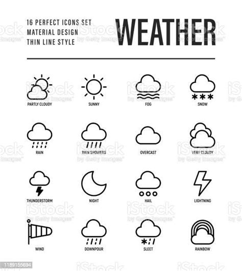 날씨 평면 아이콘 비 흐림 부분적으로 흐린 안개 눈 뇌우 우박 진눈깨비 무지개 모바일 앱 또는 위젯에 대한 벡터 그림 0명에 대한 스톡 벡터 아트 및 기타 이미지 Istock