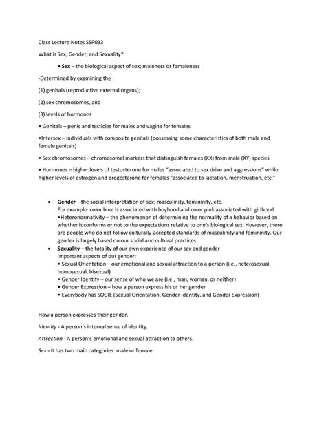 Gender And Society SSP033 Class Lecture Notes SSP What Is Sex Gender And Sexuality Sex