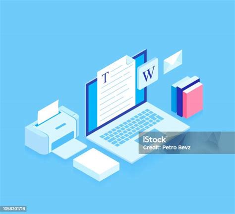평면 아이소메트릭 3d 작업 영역 개념 벡터입니다 장치는 파란색 바탕에 설정합니다 노트북 프린터 종이입니다 현대 벡터 일러스트