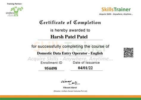 Certificate Of Domestic Data Entry Operator From Skill India Freelancer