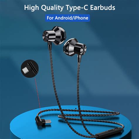 New Type C Earphones Usb C Wired Headset Wire Control With Microphone Metal Earphone Elbow