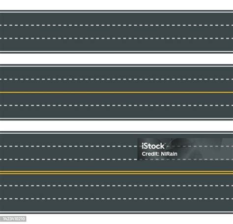 흰색 배경에 격리된 흰색과 노란색 도로 표시의 벡터 그림입니다 상단보기에서 원활한 아스팔트 도로 유형 세트 빈 수평 직선 고속도로의 컬렉션 벡터에 대한 스톡 벡터 아트 및