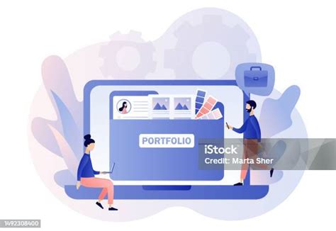 포트폴리오 개념입니다 작업 갤러리와 온라인 파일 컬렉션이 있는 서류 가방 폴더 프리젠테이션 아티스트 디자이너 또는 사진 작가를 미리 봅니다 현대 평면 만화 스타일입니다 벡터