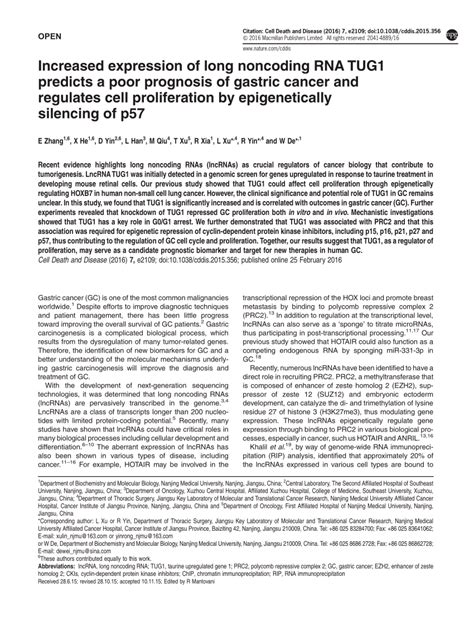 Pdf Increased Expression Of Long Noncoding Rna Tug1 Predicts A Poor