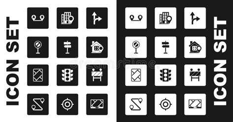 Set Road Traffic Sign Stop Route Location Location With House Barrier And Gps Device Map