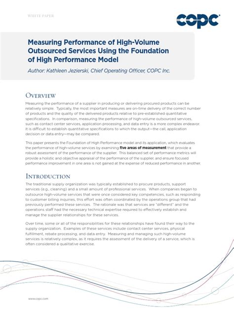 Copc White Paper Measuring Performance Of High Volume Outsourced Services Pdf Performance