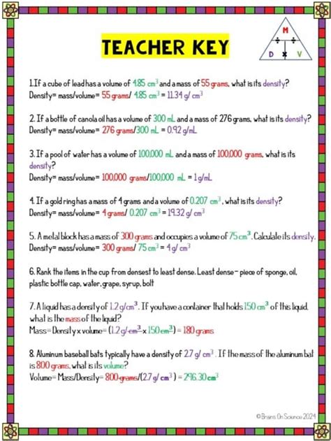 Density Calculation Worksheet By Brains On Science Tpt