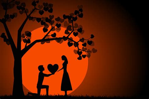 젊은 남자는 사랑의 상징으로 사랑에 빠진 여성에게 마음을 제시하고 있습니다 두 젊은 연인의 실루엣 발렌타인 데이 벡터 일러스트레이션 2명에 대한 스톡 벡터 아트 및 기타