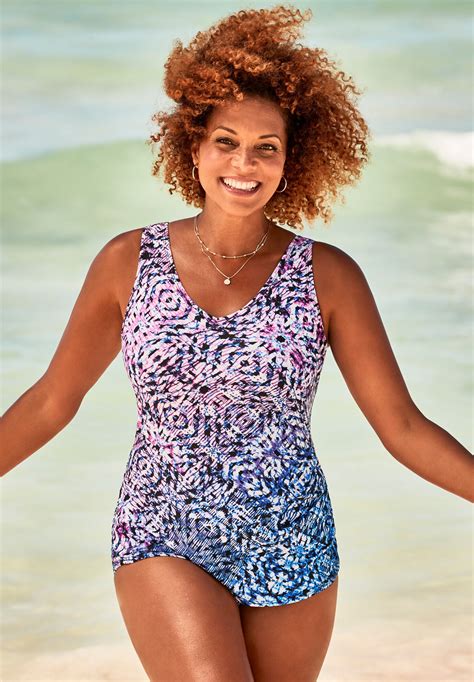 Flattering Sarong Front One Piece Swimsuit Blue Faded Swimsuits For All