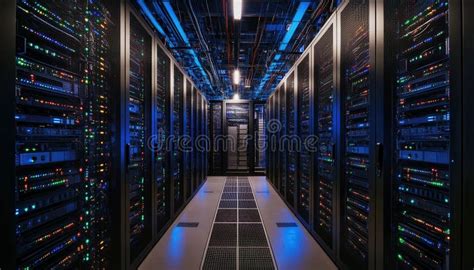 Data Center Interior Featuring Illuminated Server Racks And Network Equipment At Night Stock