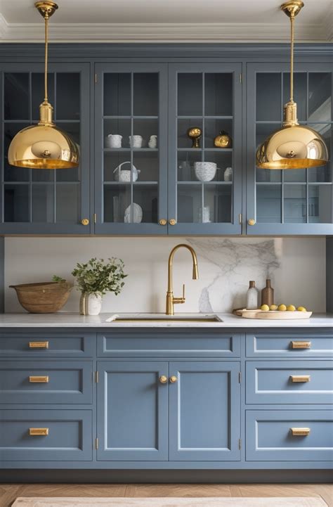 Blue Gray Cabinets With Gold Handles