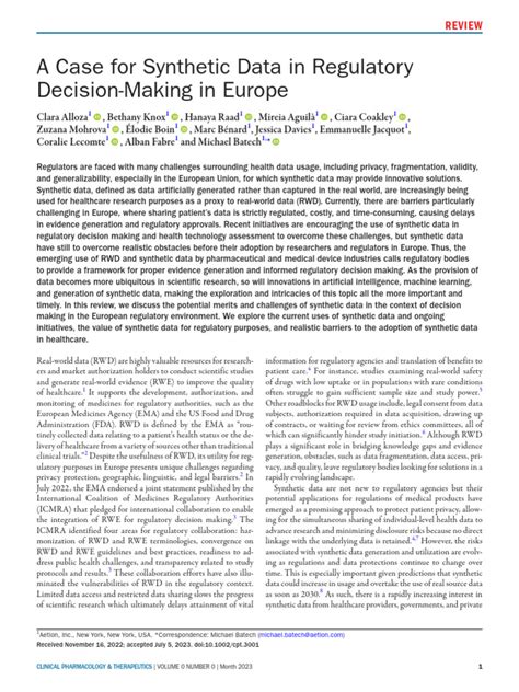 A Case For Synthetic Data In Regulatory Decision Making Pdf Data Machine Learning