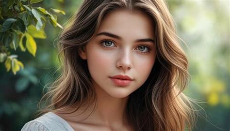 Портрет молодой девушки с длинными волосами на фоне зеленого сада · бесплатная фотография от