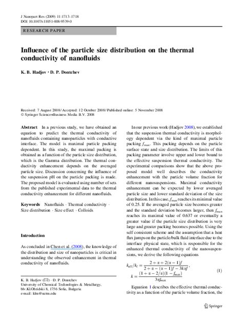 Pdf Influence Of The Particle Size Distribution On The Thermal Conductivity Of Nanofluids