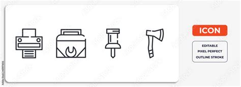 Set Of Tools And Utensils Outline Icons Thin Line Icons Included Print Button Thin Line Thin