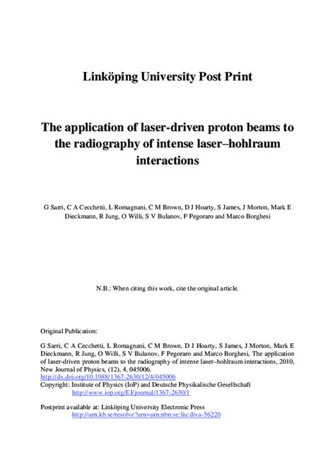 Pdf The Application Of Laser Driven Proton Beams To The Radiography Of Intense Laser Hohlraum