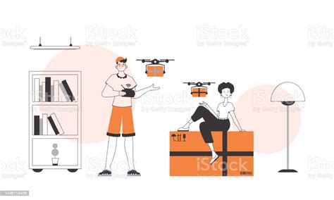 남자와 여자 팀은 무인 항공기로 패키지를 제공합니다 항공에 의한 화물 운송의 개념 선형 현대 스타일 군사적 침략에 대한 스톡