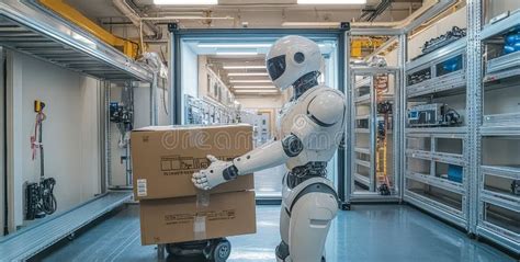 Advanced Humanoid Robot Handling Cargo In High Tech Research Lab With Shipping Container Stock