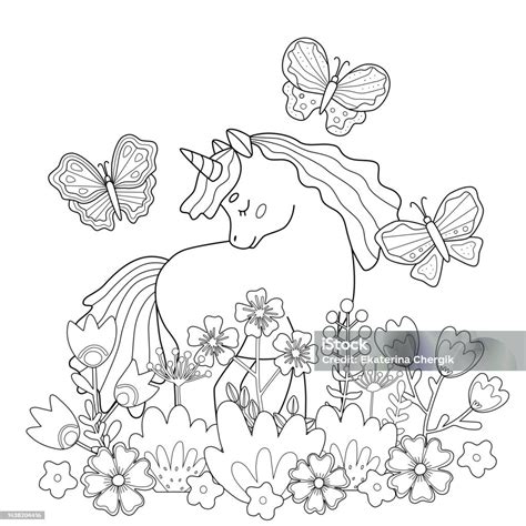 귀여운 유니콘 꽃 나비가 있는 어린이 색칠하기 책 간단한 모양 어린 아이들을 위한 개요 인사말 카드용 템플릿 만화 벡터 삽화입니다 유니콘에 대한 스톡 벡터 아트 및 기타
