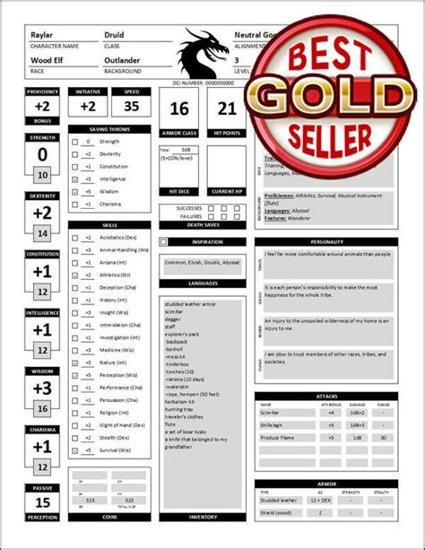 5e Excel Character Sheet Dungeon Masters Guild Pathfinder Infinite