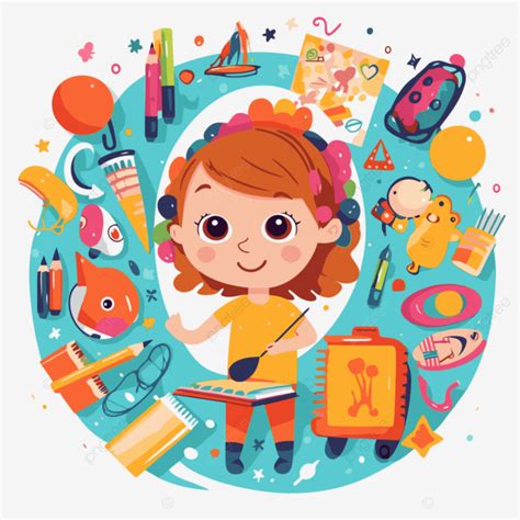 교육 무료 벡터 스티커 클립 아트 설명 어린 소녀는 그녀의 항목 만화를 가지고 노는 상표 클립 아트 Png 일러스트 및