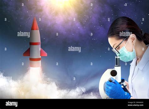 Asian Female Scientist Using A Microscope With A Flying Rocket In Space