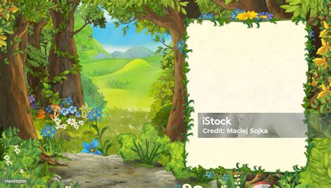 아이들을 위한 텍스트 삽화를 위한 프레임이 있는 숲의 초원이 있는 만화 여름 장면 0명에 대한 스톡 벡터 아트 및 기타 이미지 0명 계절 공란 Istock