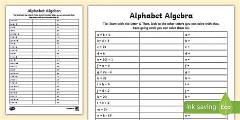 Alphabet Algebra Worksheets With Answers Maths Resources