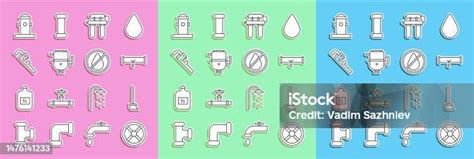 세트 라인 산업 밸브 걸레 물이 새는 깨진 파이프 정수 필터 난방용 전기 보일러 파이프 조절 렌치 소화전 및 드롭 금지 아이콘 벡터 보일러에 대한 스톡 벡터 아트 및 기타